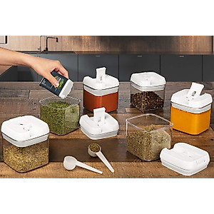 Shazo Airtight 6 Pc Spice Containers Set + 6 Spoons - Durable Clear Plastic Food Storage Containers with Lids - Kitchen Cabinet Pantry Organization for Spices, Herbs, Coffee, Tea etc