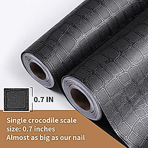Black Peel and Stick Wallpaper, 15.7" X 118" Crocodile Wallpaper Embossed Easy Peel off Wallpaper Self Adhesive Removable Contact Paper Textured Wallpaper for Cabinet Bedroom with Knife Tape Measure