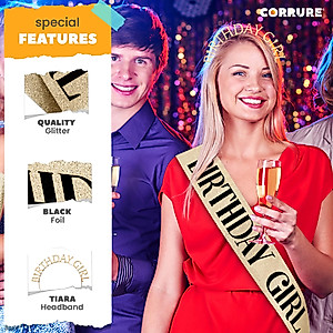 CORRURE 'Birthday Girl' Sash and Headband Tiara - Gold Glitter with Black Foil Happy Birthday Sash and Tiara for Women - Party Favors Supplies and Decorations for 18th 21st 30th 40th Bday Party