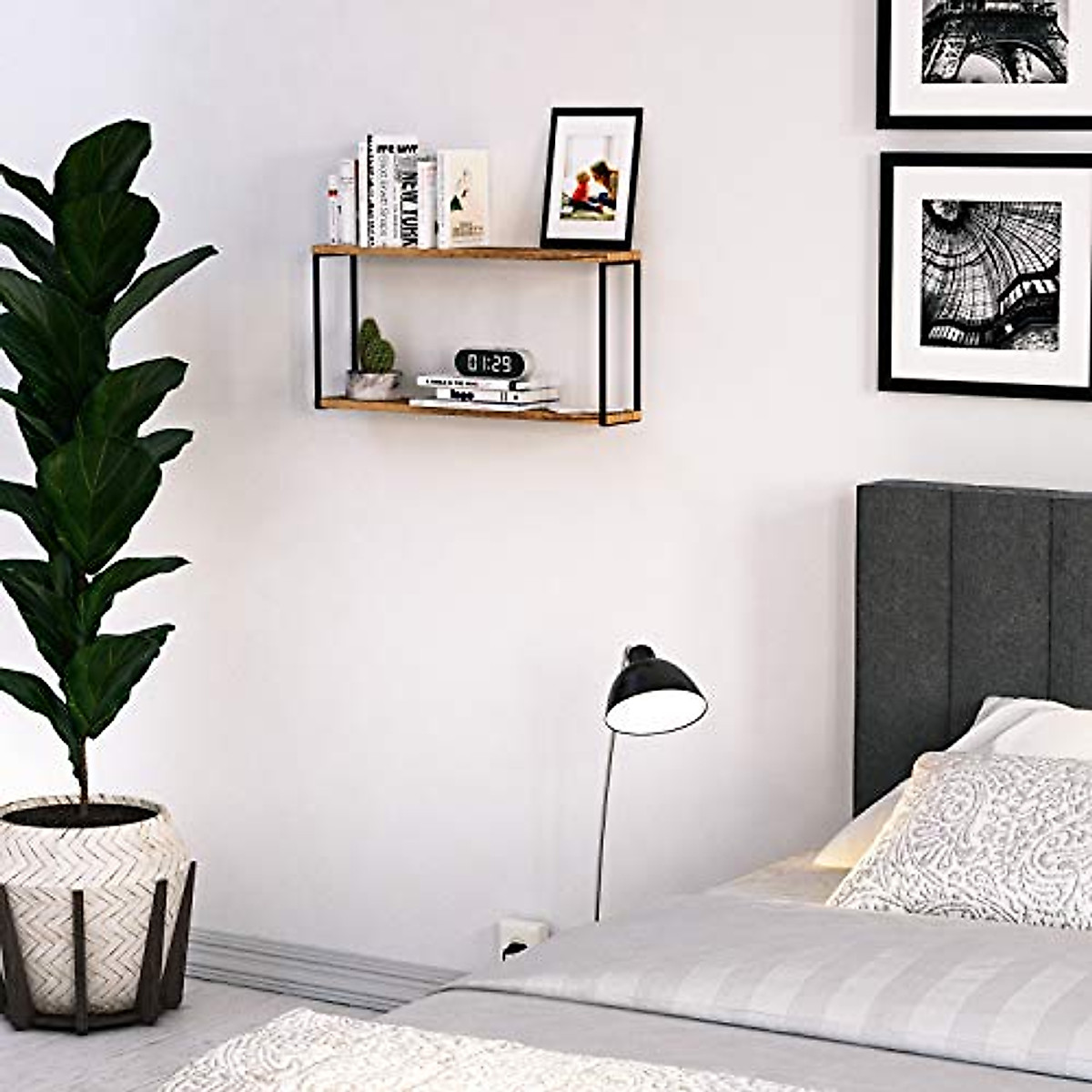 Wallniture Porto 2-Tier Wood Wall Shelf for Bedroom Decor, 24" Floating Bookshelf Unit, Natural Burned