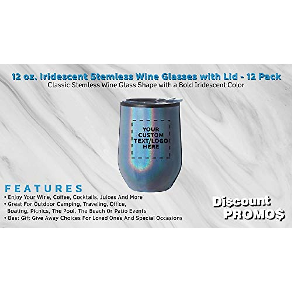 Custom Palmera Stemless Wine Tumblers with Lids 12 oz. Set of 12, Personalized Bulk Pack - Perfect for Wine, Cocktails, Other Hot & Cold Beverages - Iridescent Blue