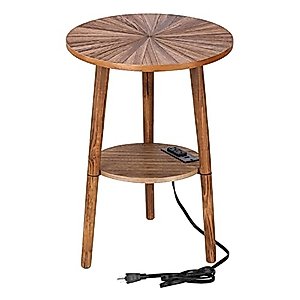 Round Side Table with Charging Station, Mid Century Modern Nightstand, End Table with USB Ports & Power Outlets, Farmhouse Bedside Table, Small Night Stand End Side Tables for Living Room Bedroom