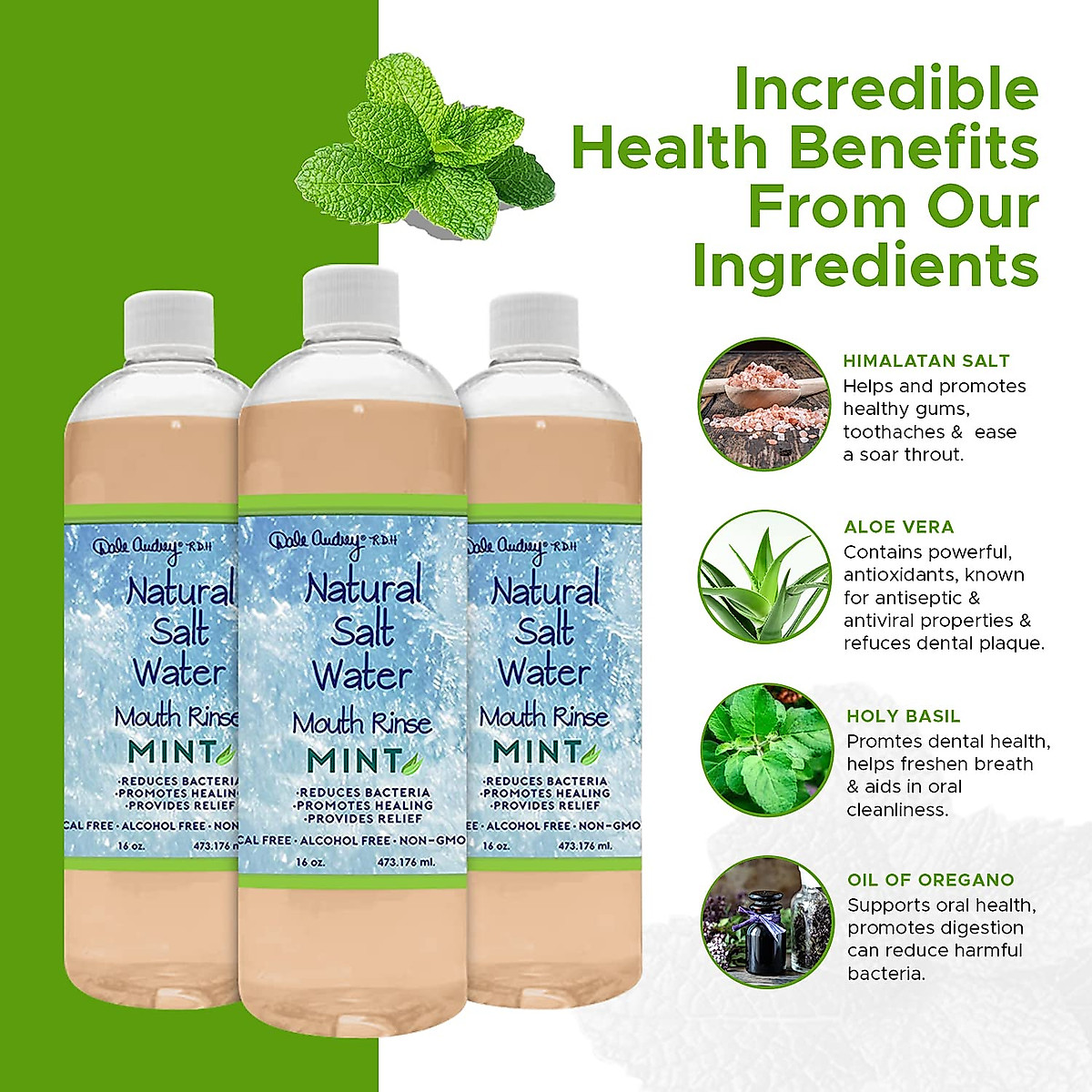 Natural Saltwater Mouth Rinse | Himalayan Pink Salt Water Oral Rinse | Organic Refreshing Mint Flavor Fluoride Free for Fresh Breath | Mouthwash for Bad Breath Treatment | 3 Pack 16 Oz