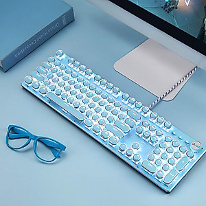 Gaming Keyboard and Mouse,Retro Steampunk Vintage Typewriter-Style Mechanical Keyboard with White LED Backlit,104-Key Anti-Ghosting Blue Switch Wired USB Metal Panel Round Keycaps(Blue)