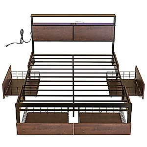 HAUSOURCE LED Bed Frame Full Size with Headboard & 4 Storage Drawers Platform Bed Frame with 2 Charging Outlets and 2 USB Ports Strong Metal Slats Support No Box Spring Needed