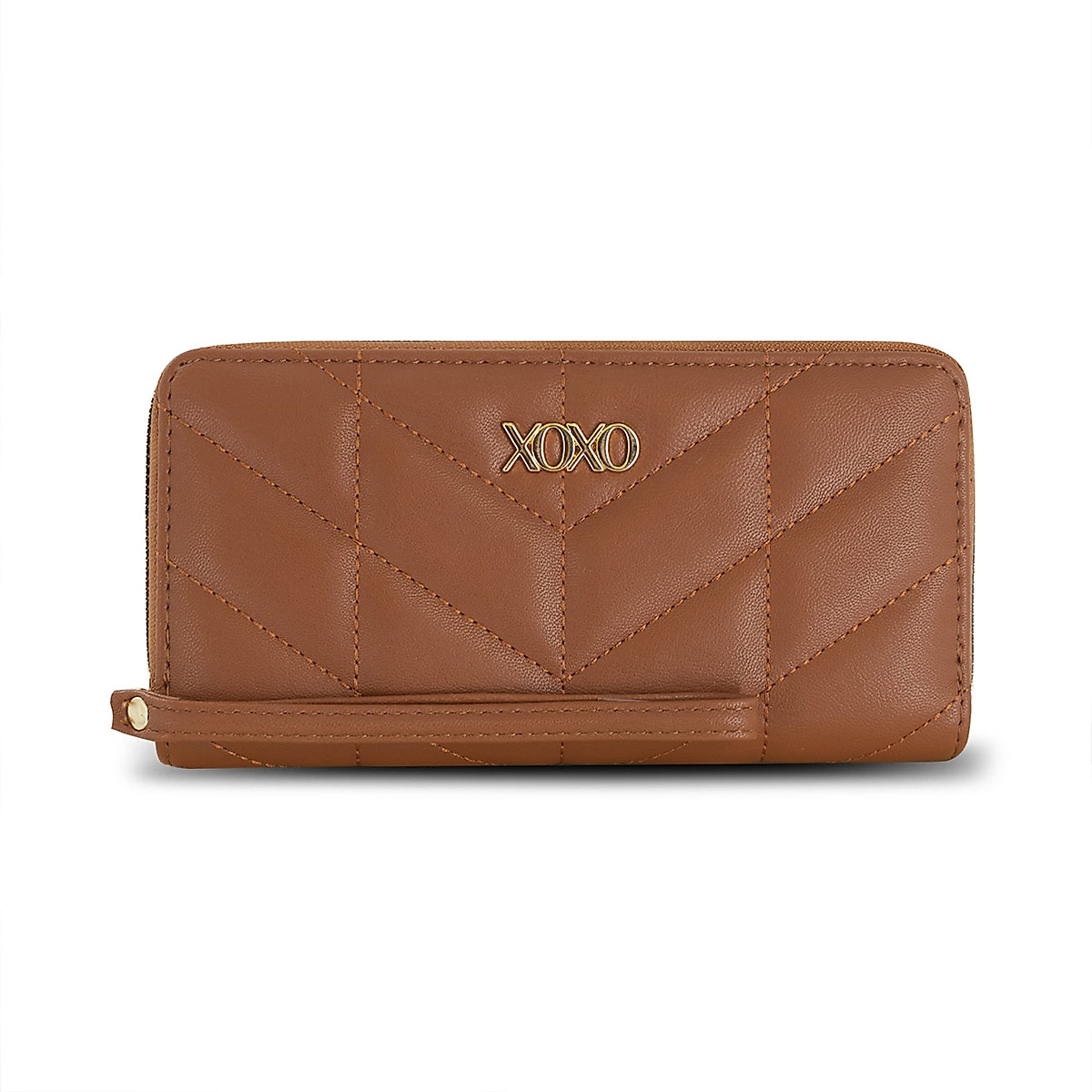 XOXO Women’s Wallet Cognac Vegan Leather Quilted Pattern Single Zip Around Clutch With Wristlet, XW321355G-42-A17