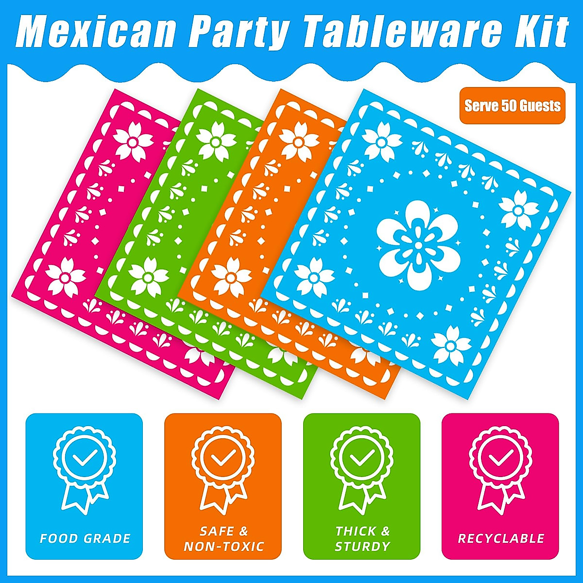 Kepeel 200Pcs Fiesta Party Plates, Mexican Cinco De Mayo Party Decorations Supplies Mexican Papel Picado Disposable Paper Plates Napkins for Taco Carnival Birthday Baby Shower Tableware, Serves 50