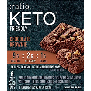Ratio Soft Baked Bars, Chocolate Brownie, 1g Sugar, Keto Friendly, 5.34 OZ (6 Bars)