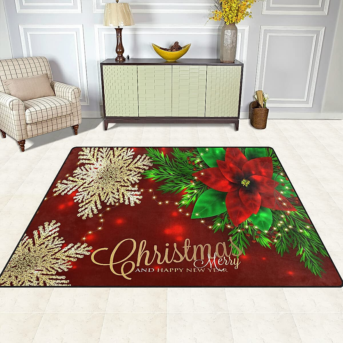ALAZA Christmas Poinsettia Snowflakes Flower Non Slip Area Rug 5' x 7' for Living Dinning Room Bedroom Kitchen Hallway Office Modern Home Decorative