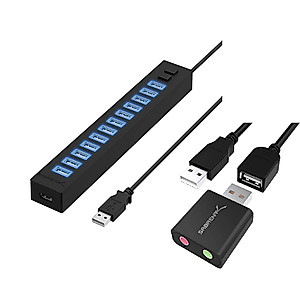 Sabrent 13 Port High Speed USB 2.0 Hub +Aluminum USB External Stereo Sound Adapter for Windows and Mac.