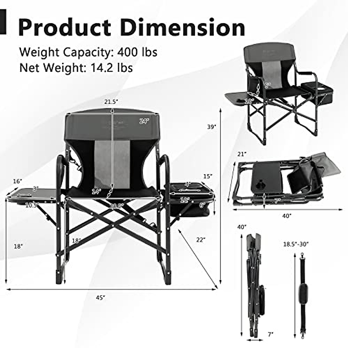 COSTWAY Folding Camping Chair, Heavy-Duty Director Chair Supports 400lbs for Adults with Side Table, Cooler Bag, Storage, Strap, Portable Makeup Chair Suitable for Fishing Picnic, Black