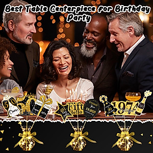 Yeaqee 31 Pcs Sets 50th 60th 70th Birthday Party Decorations Birthday Table Centerpiece Black and Gold Centerpieces for Tables Birthday Sticks Table Toppers with LED Lights Plastic Jar Ribbon(50th)