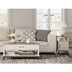 WAMPAT Premium Farmhouse Coffee Table Set of 2 for Living Room, 1 Large Rectangle Center Table with Storage Drawers, 1 End Side Table with Charging Station for Living Room, White/Oak