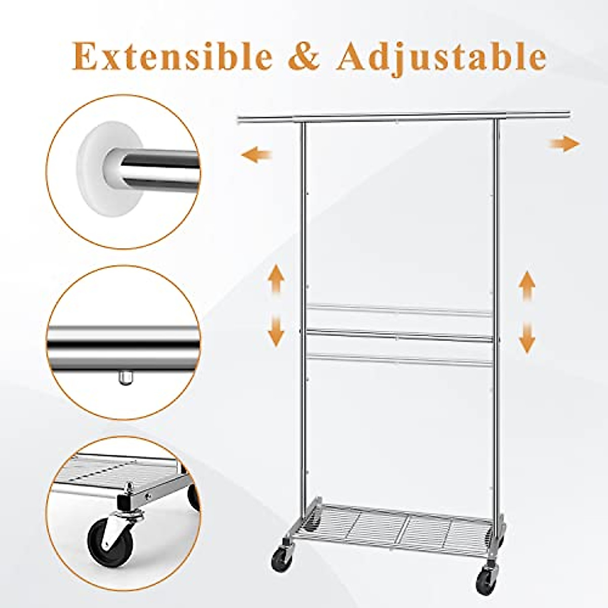 Ekisemio Standard Rolling Clothing Garment Rack, Rolling Clothes Organizer with Wheels and Bottom Shelves, Extendable, Chrome