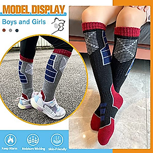 Anlisim Kids Merino Wool Ski Socks for Girls Boys Teen Thermal Winter Warm Thick Hiking Knee High Socks Stocking Stuffers for Skiing Snowboarding (Black / Grey / Blue B, 8-12 Y)