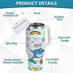 RPLIFE Playful Dinosaurs 40 Oz Tumbler with Handle and Straw, Stainless Steel Water Bottle with Straw, Coffee Tumbler for Women