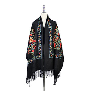 DOFOTAWN Women’s Embroidered Oversize Tassel Pashmina Shawl Scarf Gift for Women (black)