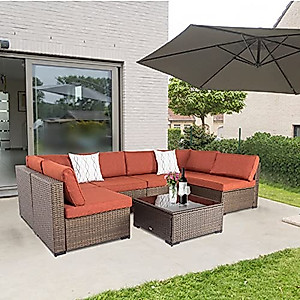 JSUN7 Outdoor Patio Furniture Set, 7 Pieces PE Brown Rattan Wicker Sofa Set, Outdoor Sectional Furniture Conversation Chair Set with Cushions and Tea Table,(Maple Red)