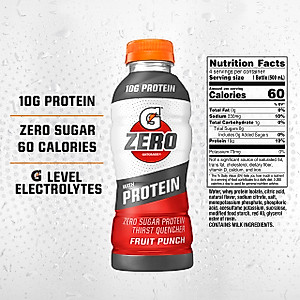 Gatorade Zero With Protein, 10g Whey Protein Isolate, Zero Sugar, Electrolytes, Fruit Punch, 16.9 Fl Oz, 12 Pack