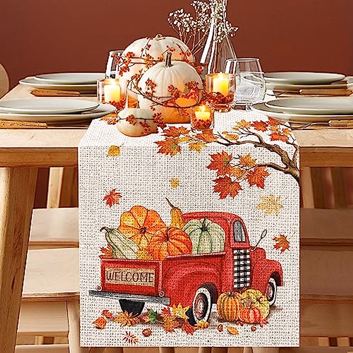 Fall Thanksgiving Table Runner 72 Inch, Red Truck Fall Decorations for Home Orange Leaves Pumpkin Thanksgiving Table Decorations for Coffee Table Dining Room Kitchen Entryway Table Top Mantle Decor