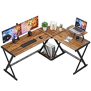 GreenForest L Shaped Desk 58” Reversible Corner Computer Desk with Movable Shelf and CPU Stand, Gaming Desk with Sturdy X Leg Space Saving Home Office Workstation Table, Walnut
