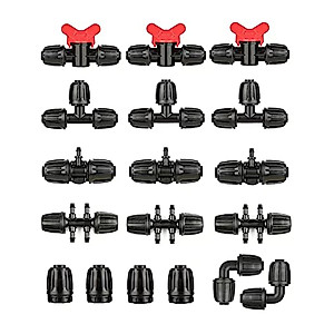 La Farah Drip Irrigation Fittings Kit for 1/2 Inch Tubing -18 Pieces Set- 3 Tees,3 Switch Valves,3 T Connectors,2 Elbows,3pcs 1/2" to 1/4" tubing Reducers,4 End Cap, Barbed Locked Nuts Connectors