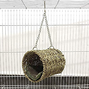 Woven Straw Bird tunnel - Seagrass Bird Tent Snuggle Toy Natural Hanging Hammock Swing Nest for Parrot Cockatiel Parakeet African Grey Cockatoo Macaw Amazon Lovebird Finch Hamster (4.72"x3.94"x10.2")