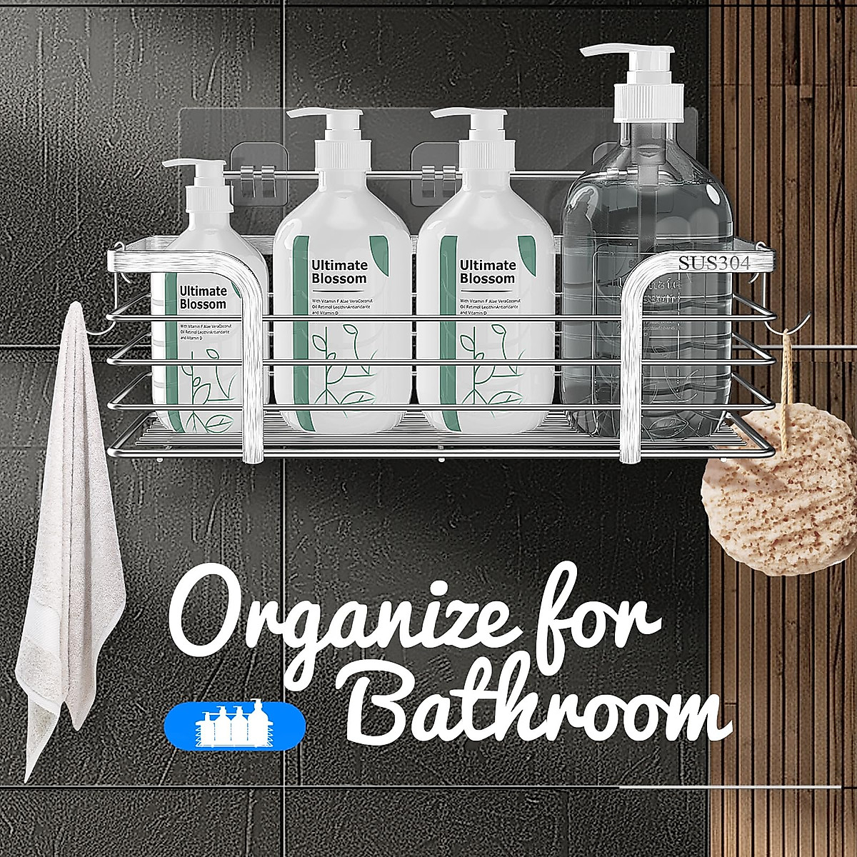 HEGUANRONG Shower Caddy,Shower Organizer for Bathroom With 2 Hooks，SUS304 Stainless Steel，Shower Shelves for Inside Shower,Rustproof Bathroom Shelf，No Drilling.