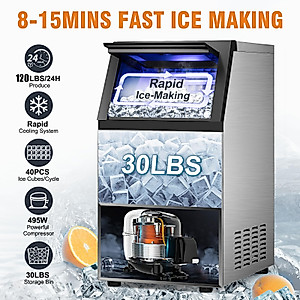 RAPSUAR Commercial Ice Maker Machine, 120Lbs/24H with 30Lbs Storage Bin, 40Pcs Ice Cubes 6Mins, 2-Way Add Water Under Counter Freestanding Ice Maker Commercial for Home Bar Office