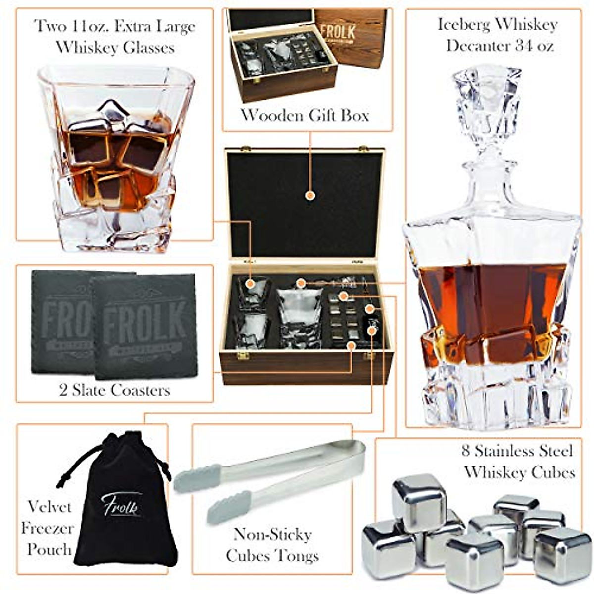 Whiskey Decanter and Stones Gift Set for Men - Whiskey Decanter, 2 Rocks Whiskey Glasses, 8 Stainless Steel Whisky Cubes, 2 Slate Coasters, Special Tongs & Freezer Pouch in Pinewood Gift Box