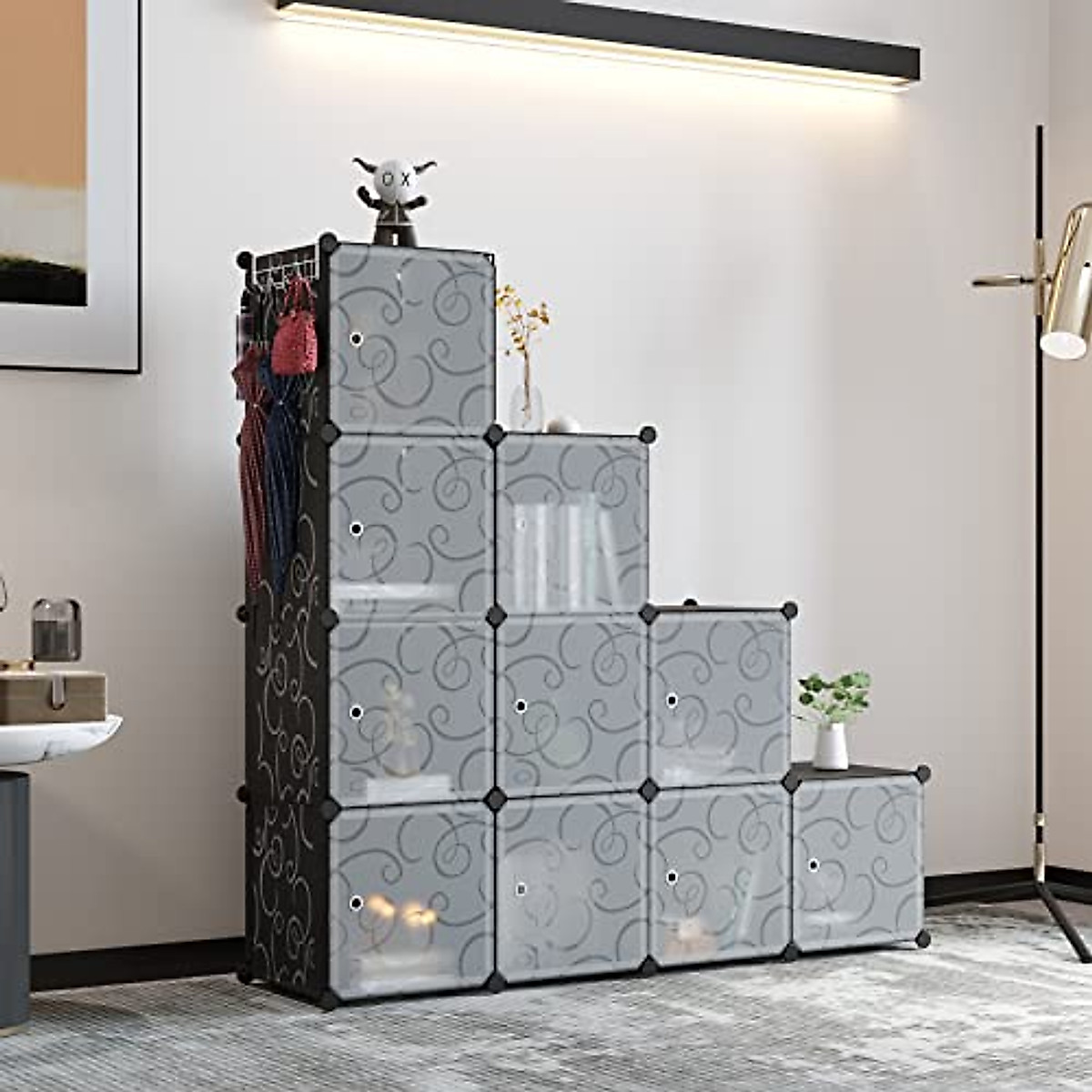 C&AHOME Cube Storage Organizer with Doors, 12-Cube Shelves, Closet Cabinet, DIY Plastic Modular Bookshelf Ideal for Bedroom, Living Room, 36.6”L x 12.4”W x 48.4”H Black USHS3012B-DOOR