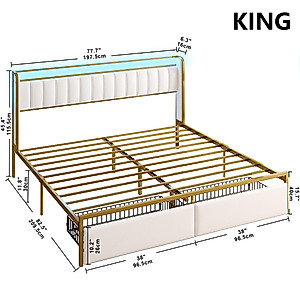 LIKIMIO King Bed Frame with Armrests Headboard, Drawer, RGB Light, Modern Upholstered Bed Platform, No Box Spring Needed Easy Assembly, Gold and White