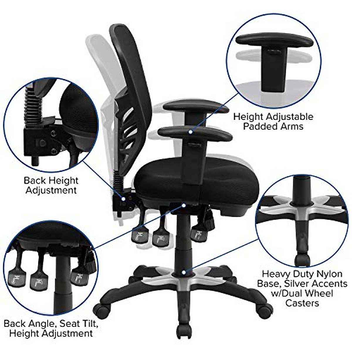 Flash Furniture Nicholas Mid-Back Black Mesh Multifunction Executive Swivel Ergonomic Office Chair with Adjustable Arms