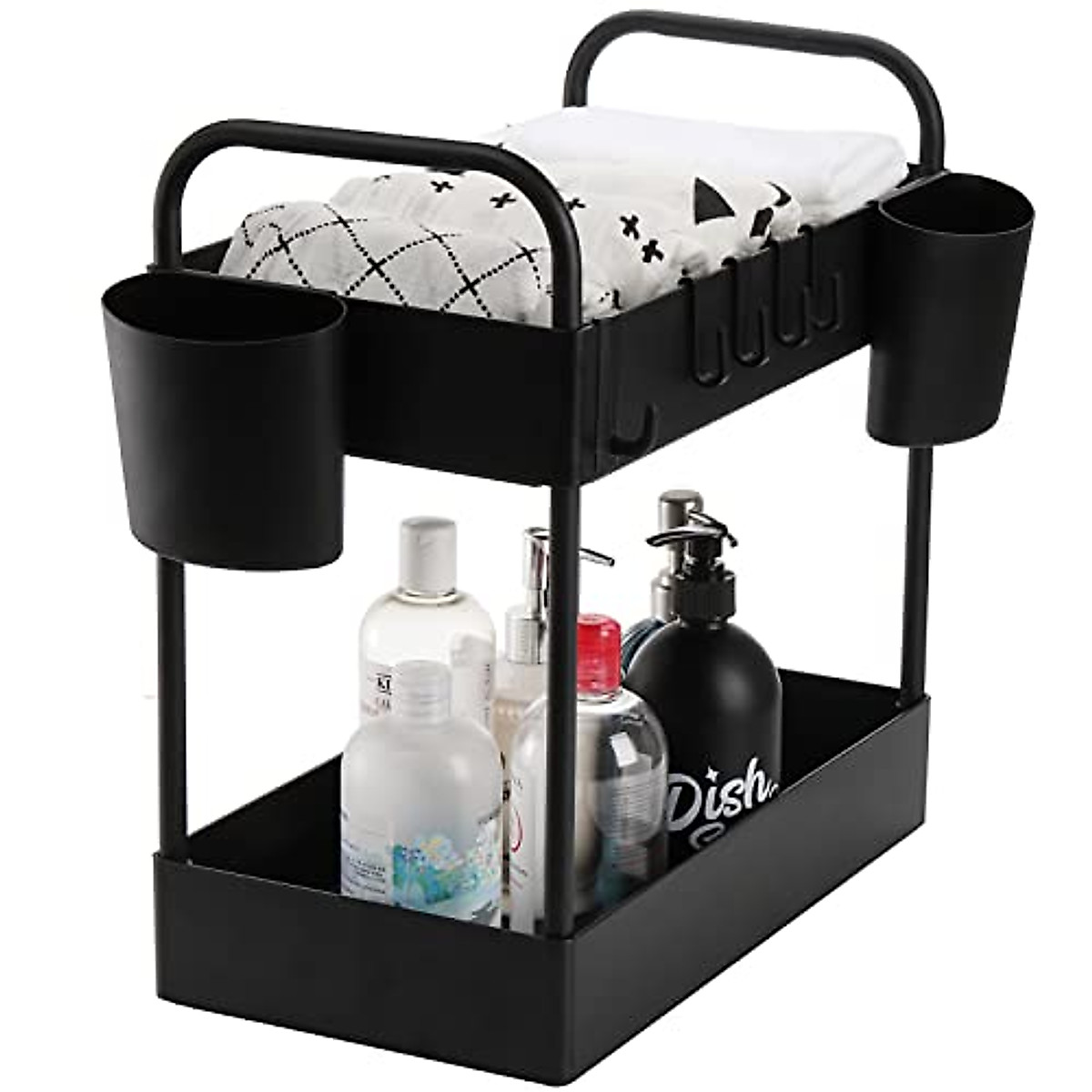 Jucoan 2 Tier Bathroom Sink Countertop Storage Organizer Kitchen Countertop Spice Rack with Hooks, Cups and Handle, Pantry Shelves Seasoning Storage Shelf for Kitchen Bathroom Vanity