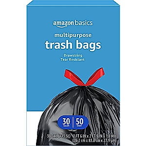 Amazon Basics Multipurpose Drawstring Trash Bags, 30 Gallon, 50 Count (Previously Solimo)