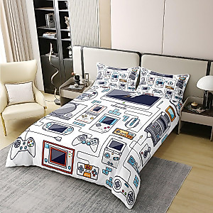 100% Cotton Gamer Bedding Sets for Boys,Gaming Duvet Cover Set Full Size,Boys Video Games Comforter Cover,Gamepad Designs Bed Set for Teen Boys Bedroom,Joystick Controller,3 Pcs with 2 Pillow Shams