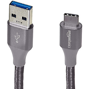 Amazon Basics USB-C to USB-A 3.1 Gen 1 Fast Charger Cable, Nylon Braided Cord, 5Gbps High-Speed for Apple iPhone 16/15, iPad, Samsung Galaxy, Tablets, Laptops, 6 Foot, Dark Gray