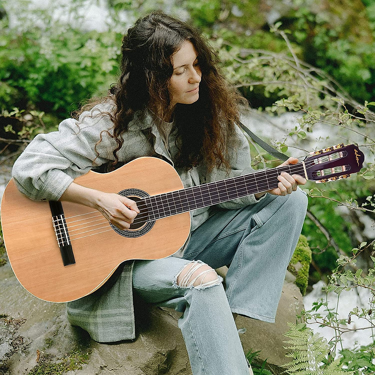 ADM Full Size Classical Nylon Strings Acoustic Guitar 39 Inch Classic Guitarra Starter Bundle for Adult with Free Lessons, Gig Bag, Tuner, Footstool, Kids Student Beginner Kits, Nature
