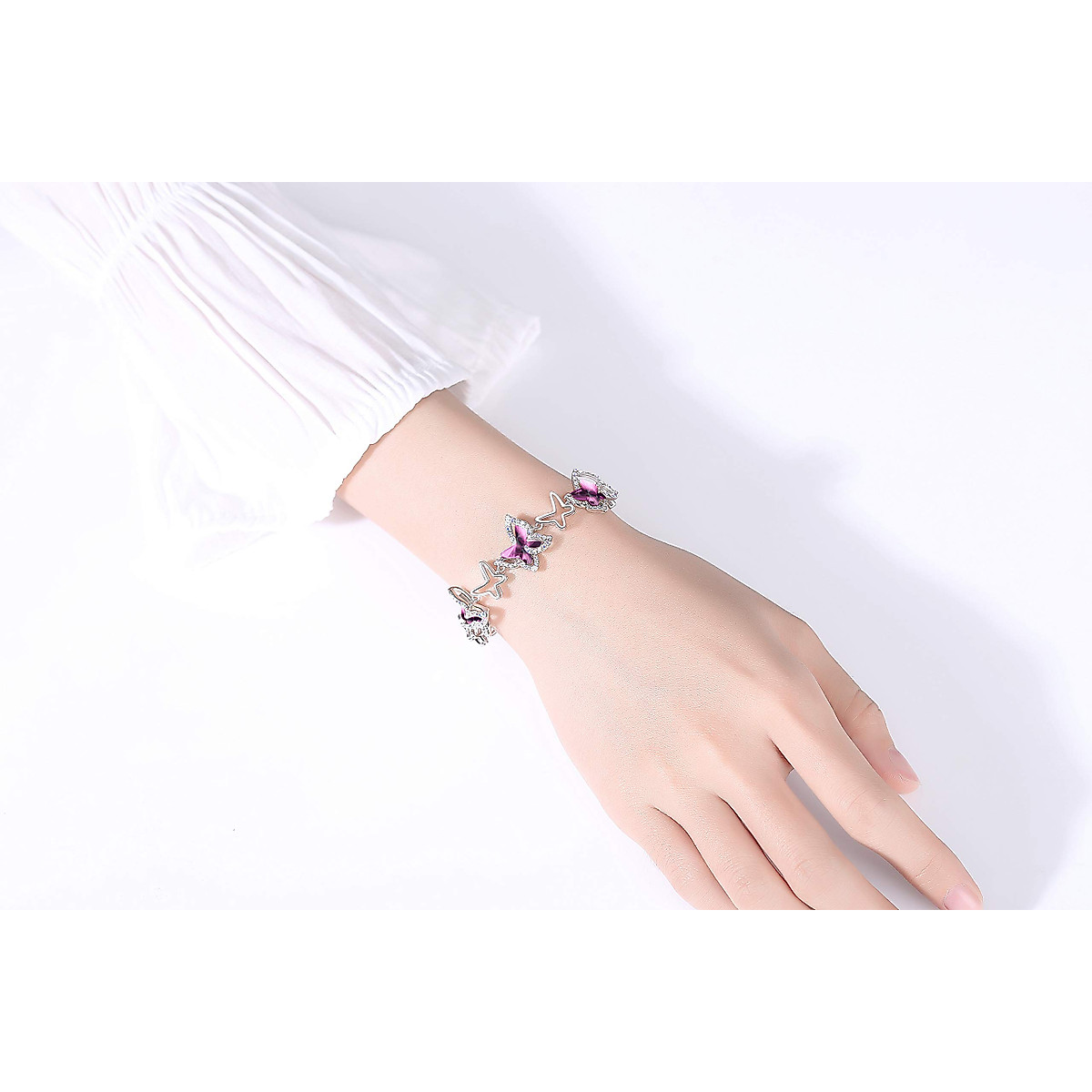 GEMMANCE Butterfly Link Charm Bracelet with Amethyst Pink Birthstone Crystal for February, Silver-Tone, 18”+2”Chain