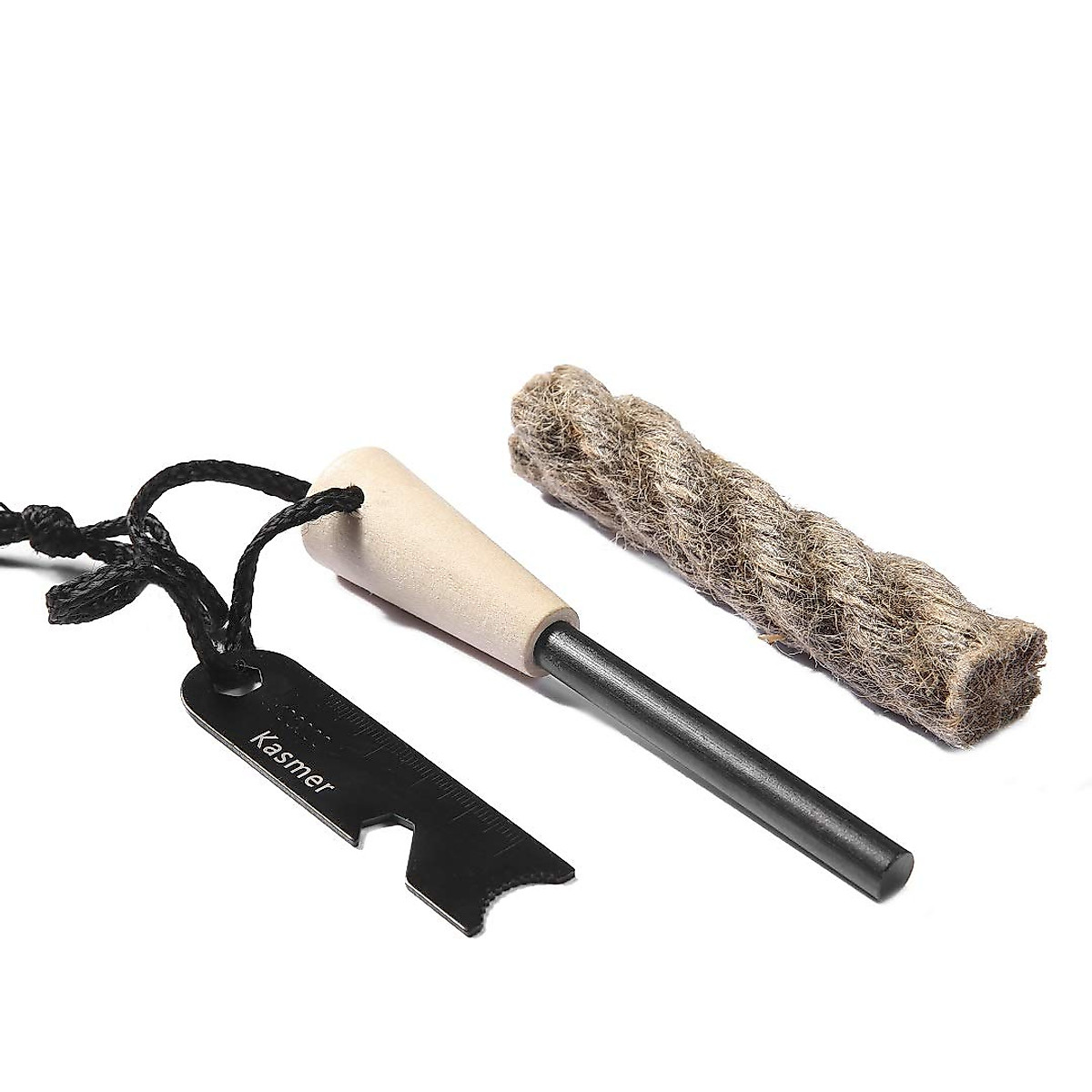 Kasmer Fire Starter Kit Survival Tools Ferro Rod Waterproof Fire Starting Jute Rope Wax Infused Wick Tinder Flint and Steel for Camping Backpacking Hiking Gears black with jute rope One Size