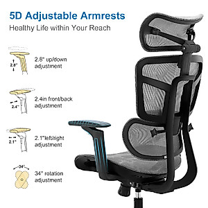 Ergonomic Office Chair, High Back Office Chair, Big & Tall Mesh Computer Chair with Lumbar Support/Headrest/5D Armrests, Executive Desk Chair with Adjustable Height for Home Office/Learning/Conference