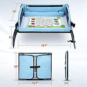 Upgraded Kids Travel Tray with Dry Erase Top Car Seat Travel Tray with 16 Organizer Pockets for Car Stroller Plane With 5 Educational Drawing Blue