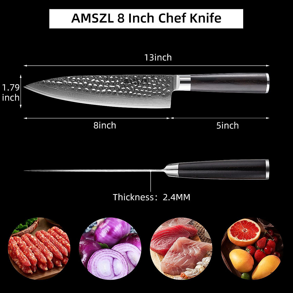 AMSZL Damascus Chef Knife 8-inch Japanese VG10 Stainless Steel Sharp Professional Kitchen knife, Hammered Forged, Ergonomic Ebony Handle, with GiftBox