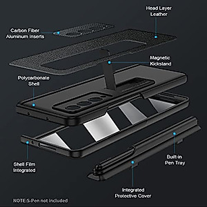 for Samsung Galaxy Z Fold 3 Case with S Pen Holder & Hinge Protection & Kickstand, Built-in Screen & Camera Lens Protection, Non-Slip Durable Leather Cover for Samsung Fold 3 5G 2021