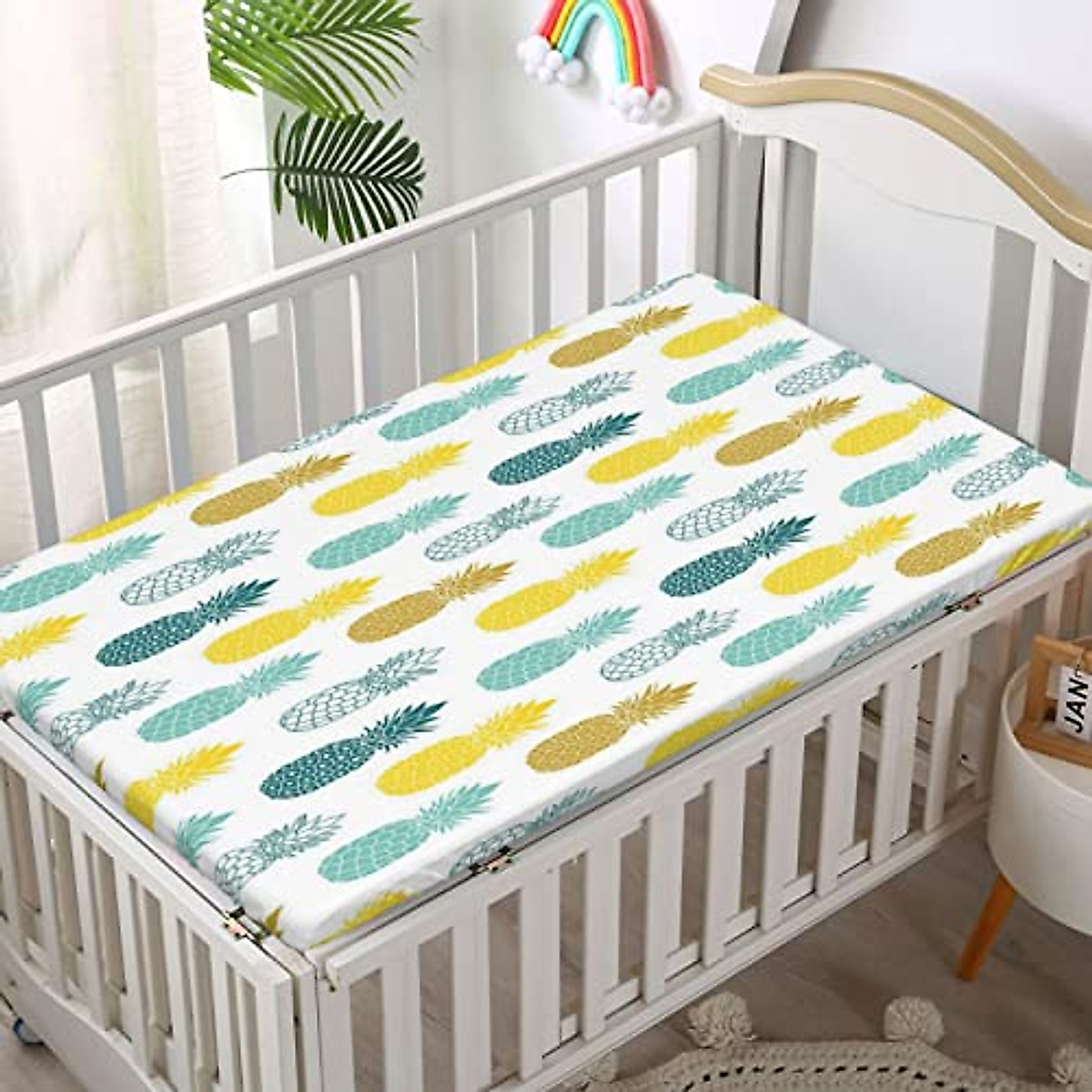 Pineapple Themed Fitted Mini Crib Sheets,Portable Mini Crib Sheets Soft and Breathable Bed Sheets-Baby Sheet for Boys Girls,24“ x38“,White and Multicolor