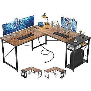 Ecoprsio L-Shaped Desk with Power Station and USB, Large L Shaped Gaming Desk with Storage Shelves Industrial Corner Desk Writing Study Table for Home Office Gaming Workstation, Rustic Brown and Black