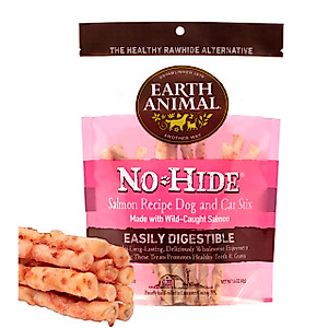Earth Animal No Hide Stix Salmon Flavored Natural Rawhide Free Dog Chews Long Lasting Dog Chew Sticks | Dog Treats for Small Dogs and Cats | Great Dog Chews for Aggressive Chewers (1 Pack)