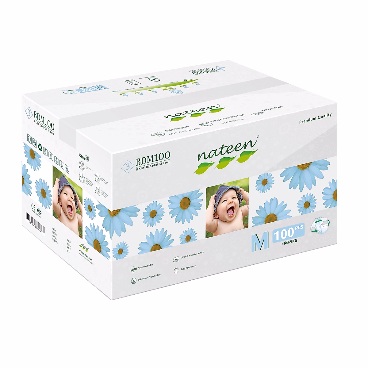 Nateen Premium Baby Diapers with Strong Leak Guard for Overnight Use, Super Absorbent Disposable Diapers, Hypoallergenic with Comfortable Fit, Medium Size, 100 Count