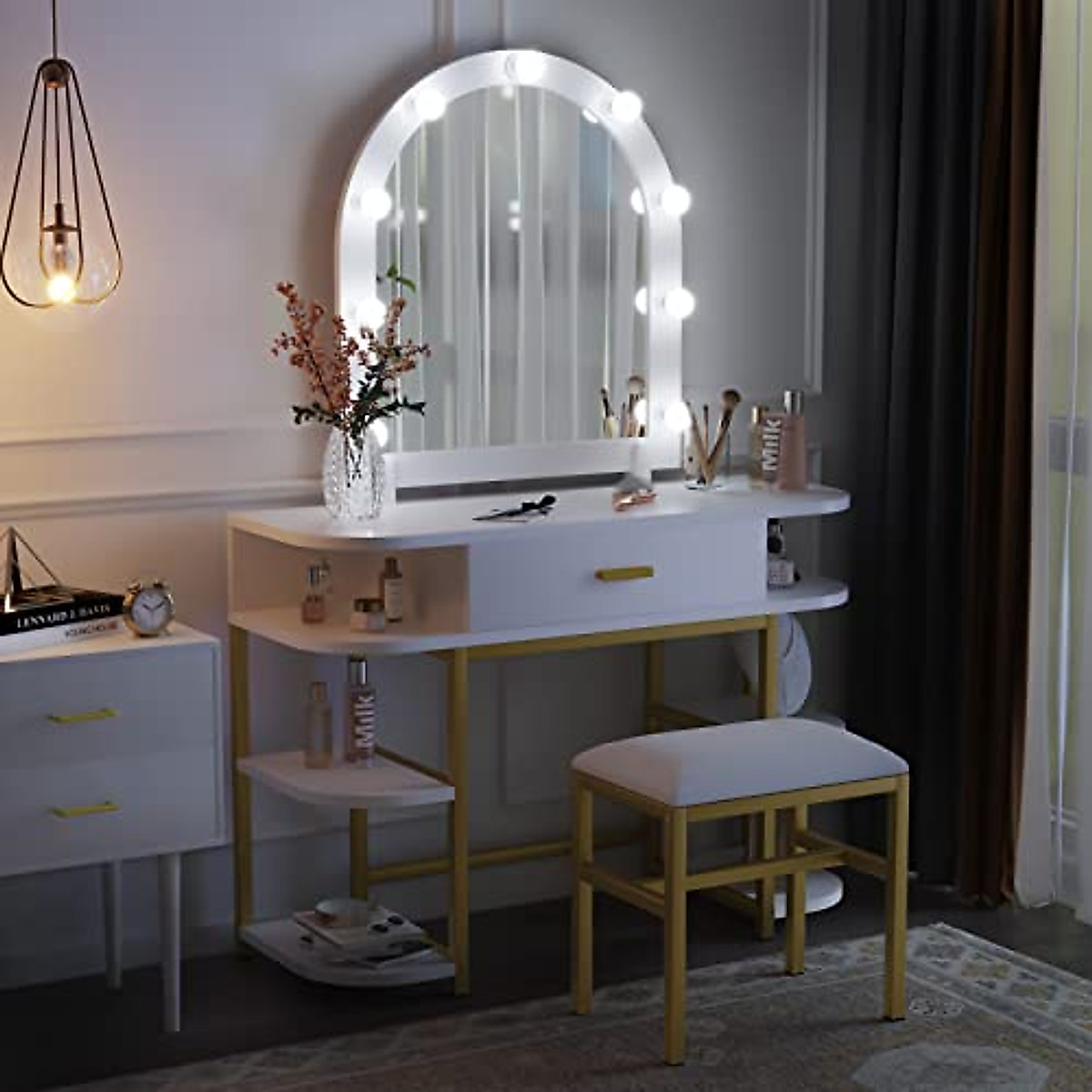 Semiocthome White Vanity Mirror with Lights and Table Set with Drawers, 9 LED Lights Makeup Vanity Desk with Stool, Girls Vanity Table with 6 Shelves, Gold Metal Frame Dressing Table with Chair