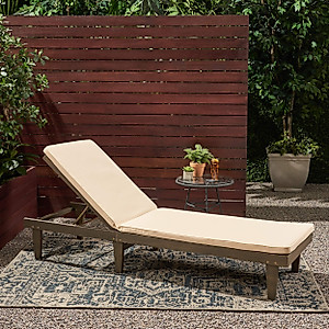 GDFStudio Great Deal Furniture Outdoor Acacia Wood Chaise Lounge and Cushion Set, Gray and Cream